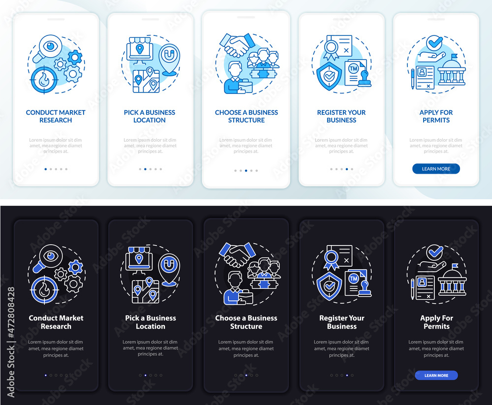 Business Development Tips Onboarding Mobile App Page Screen Startup Walkthrough 5 Steps Graphic