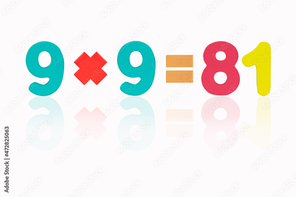 Nine multiply nine equals eighty one (9x9=81) Image of simple math ...