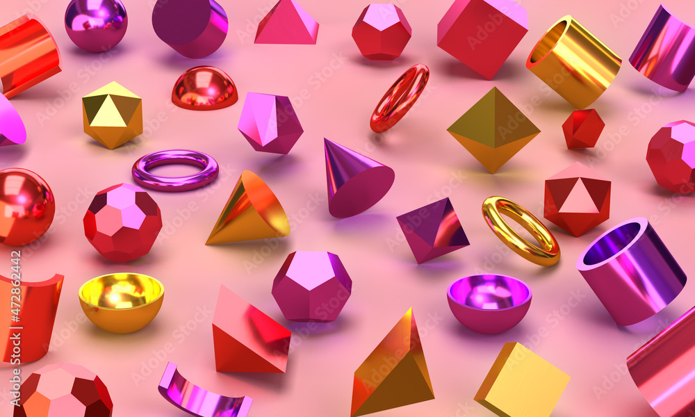 Metallic geometric shapes of all colors. Spheres, squares, triangles ...