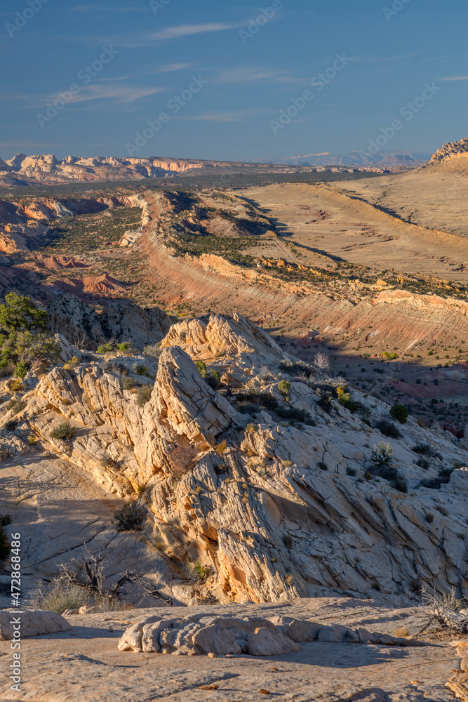 USA, Utah. Capitol Reef National Park, view north of the Waterpocket ...