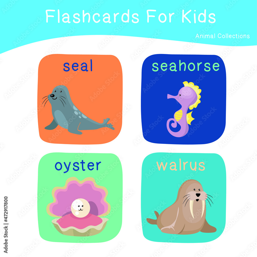 Cute animal flashcards collection. English name with cartoon animals ...