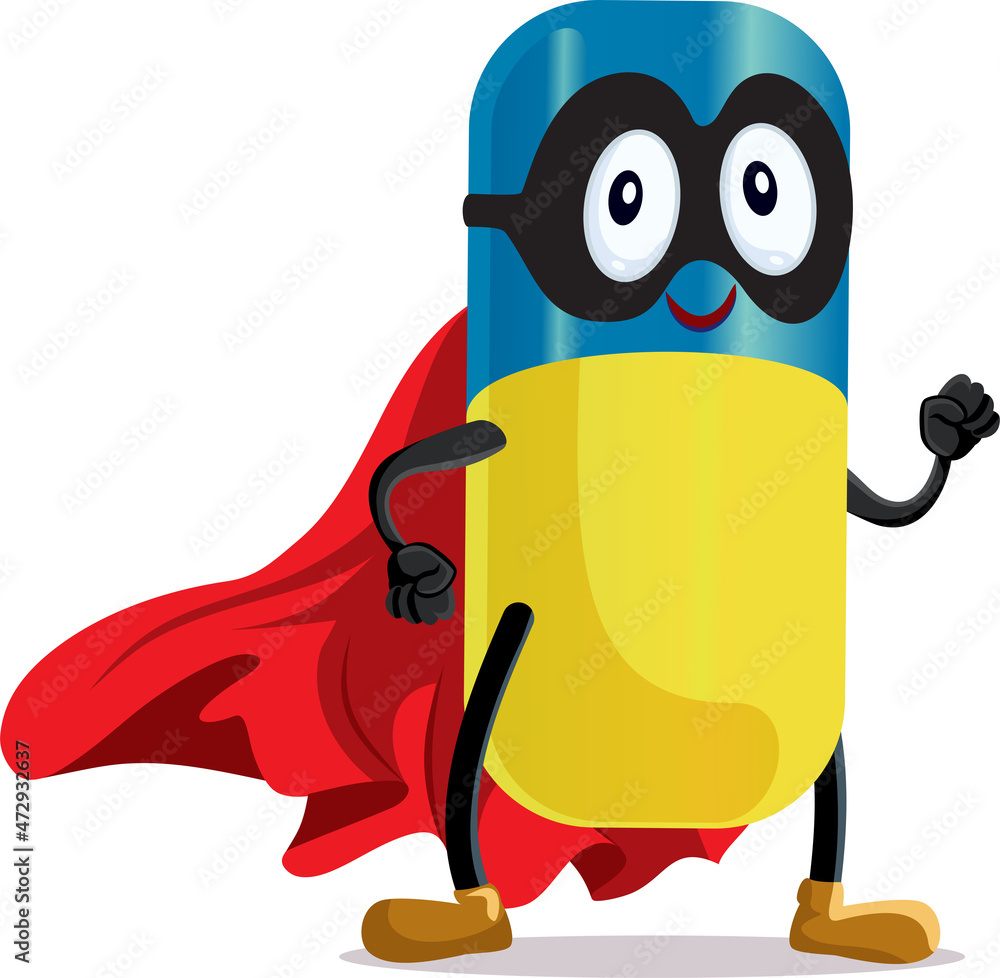 Superhero Vitamin Pill Wearing Red Cape Vector Cartoon Character Stock ...