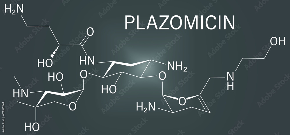 Plazomicin antibiotic drug molecule, aminoglycoside class. Skeletal ...