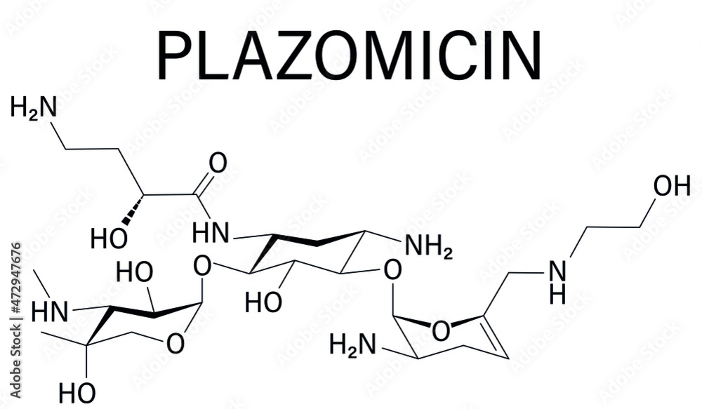 Plazomicin antibiotic drug molecule, aminoglycoside class. Skeletal ...