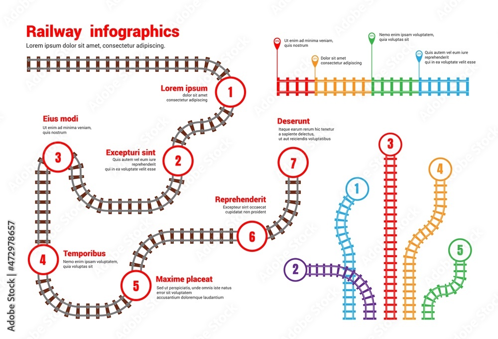 Railway infographic. Train rail scheme. Subway and tram station top ...