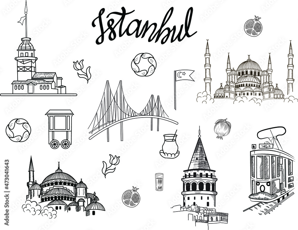 set of landmarks and monuments, turkey, istanbul, architecture vector ...