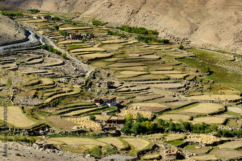 Aerial view of ladakh village landscape, from top of Changla pass ...