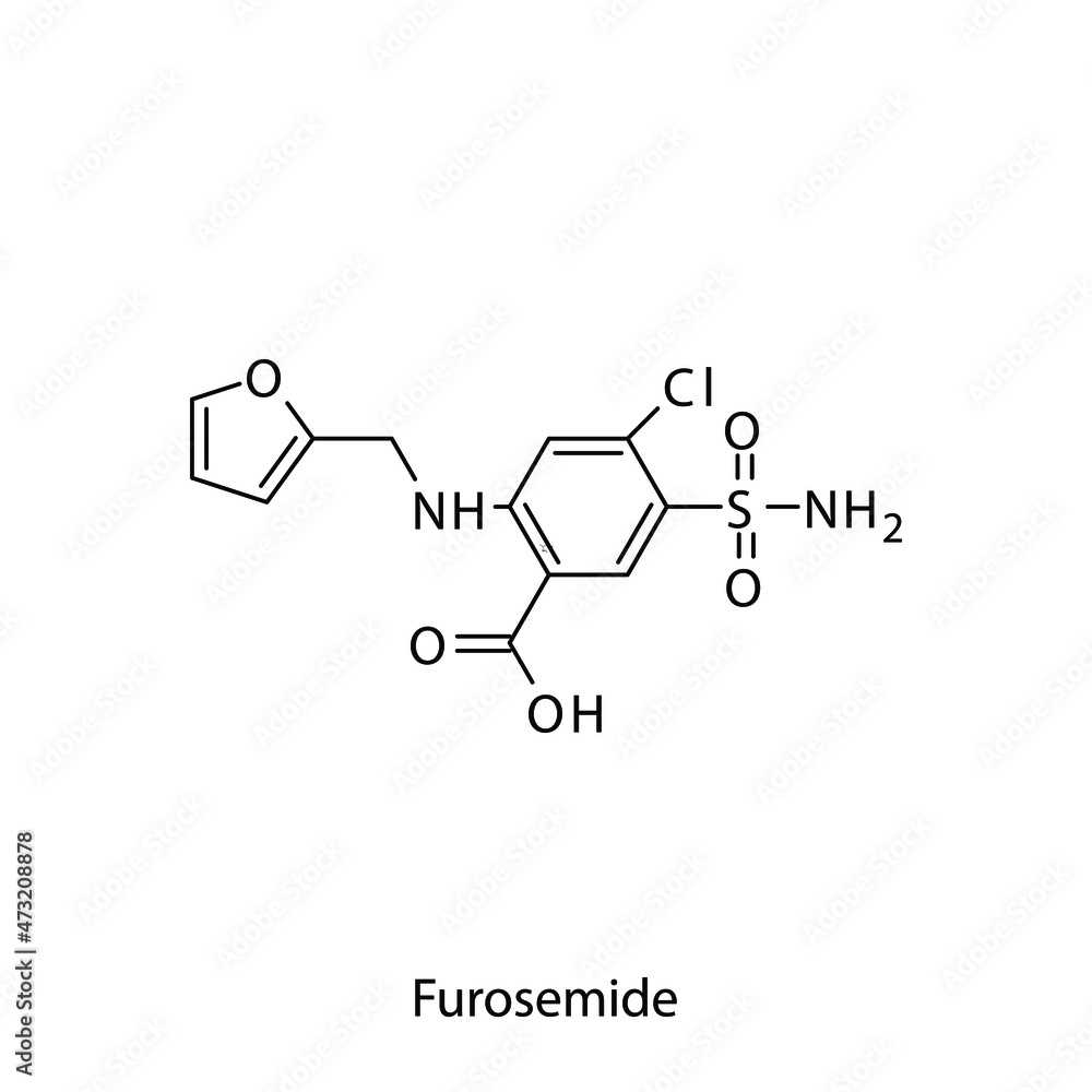 Furosemide molecular structure, flat skeletal chemical formula ...