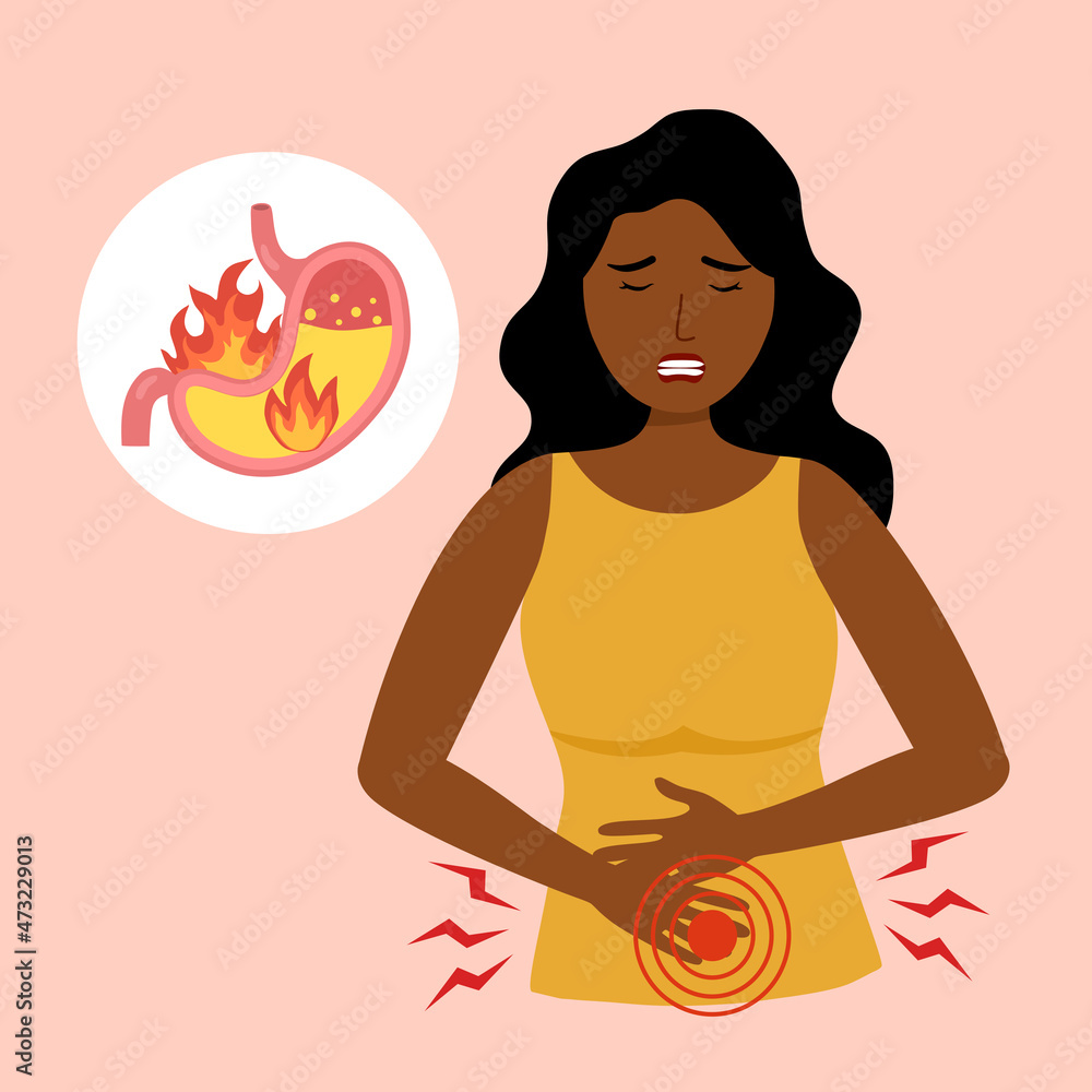 African woman feel pain in stomach vector illustration. Stomach acid reflux disease and ...