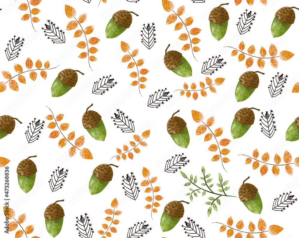 Illustration Stock Seamless Pattern Green acorn doom leaves Yellow ...