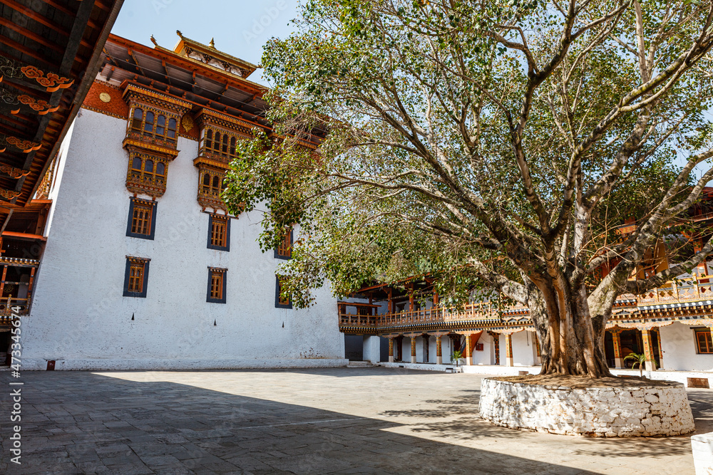 Facade of the monastery inside of the Punakha Dzong, Punakha, Bhutan ...