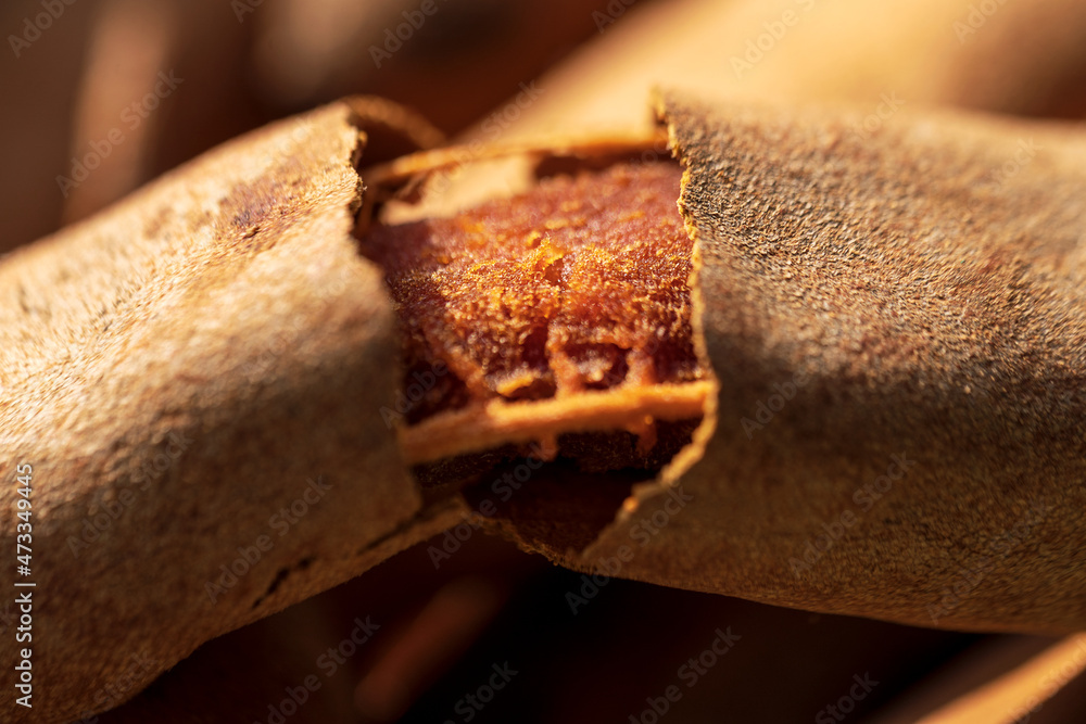 Broken Shell Tamarind Fruits For Cooking. Macro shot of a peeled sweet ...