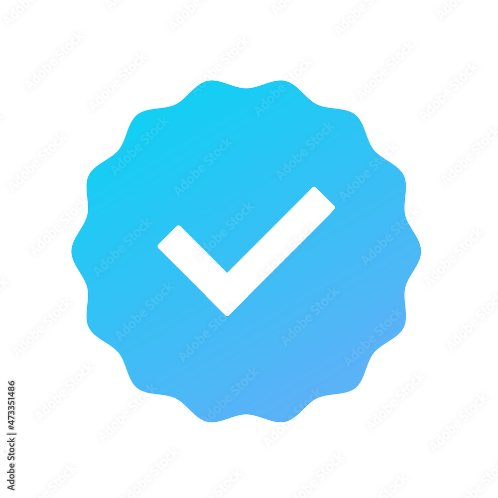 Approved icon. White check mark with blue circle shape. Sparkle Star ...