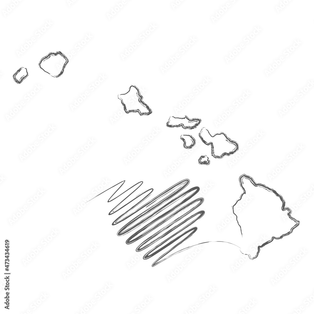 Hawaii US state hand drawn pencil sketch outline map with heart shape ...