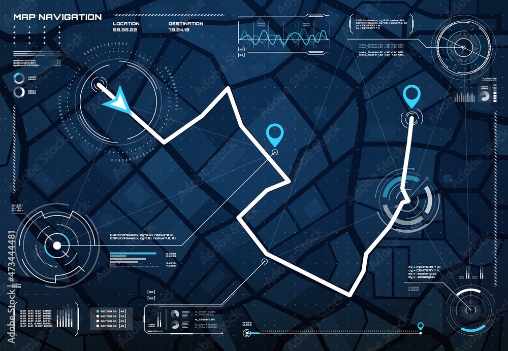 HUD navigation city map screen vector interface with compass, graphs and map points. HUD roadmap ...