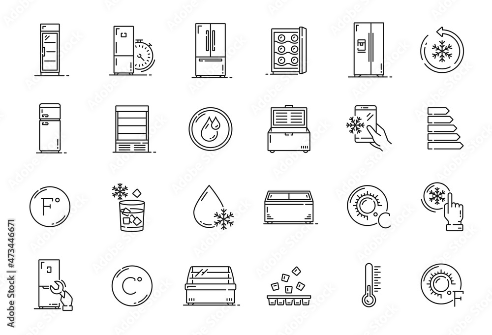 Fridge and freezer outline icons, food storage vector symbols. Ice ...