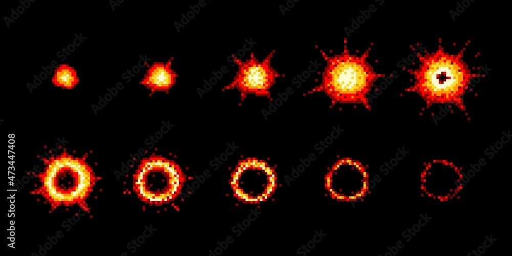 Pixel art explosion and burst animate sprites. Vector 8 bit boom, blast ...