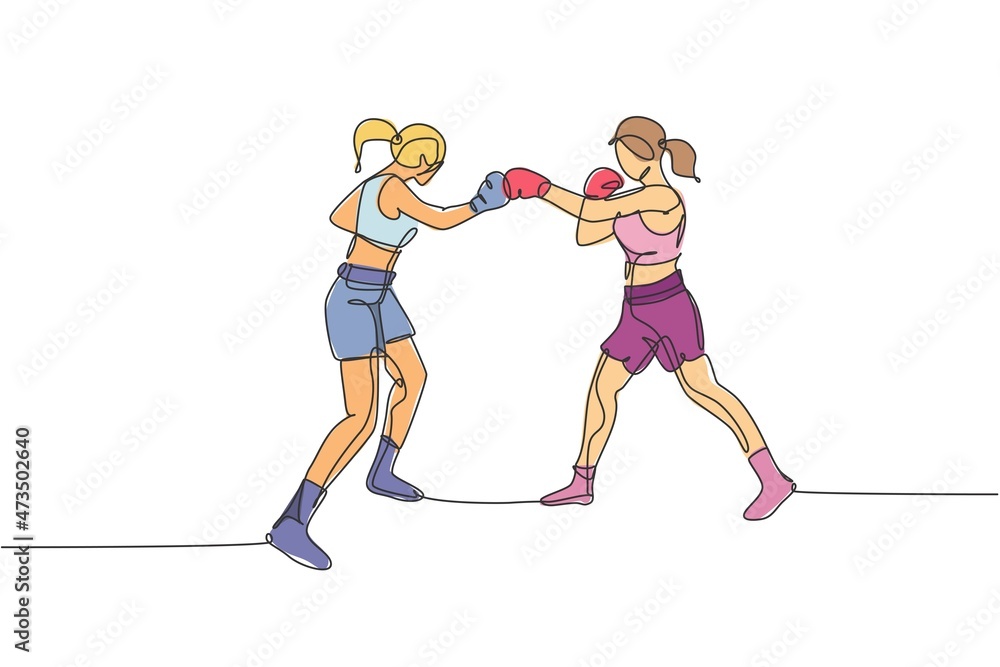 One continuous line drawing of young sporty woman boxer bump their fist ...