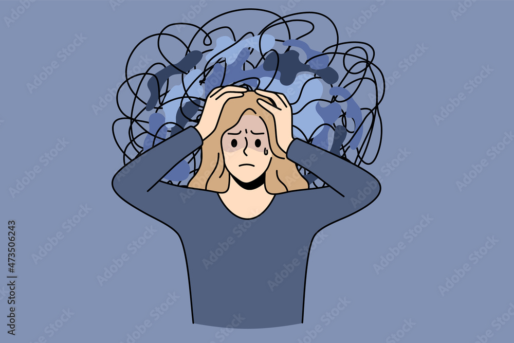 Chaos and mess in mind concept. Frustrated young stressed girl standing ...