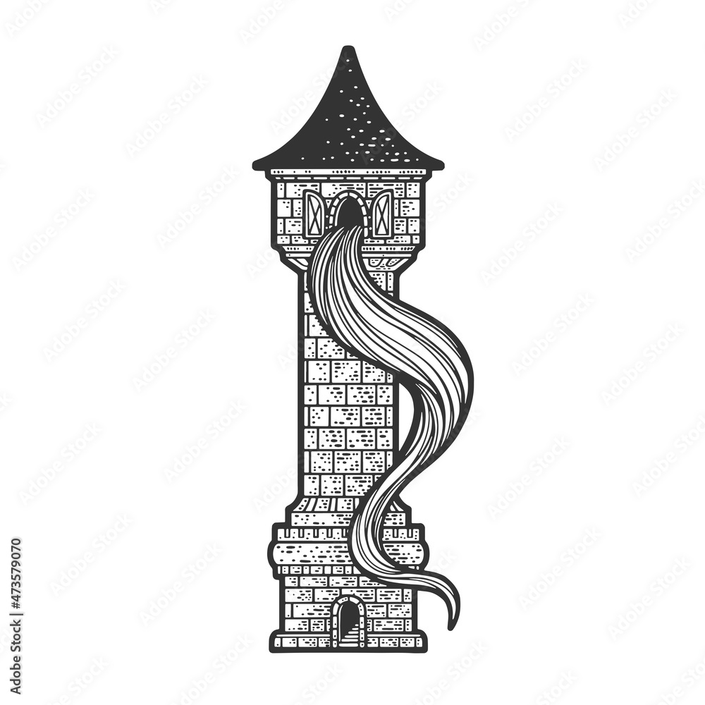 Rapunzel fairy tale long hair hanging from the tower sketch engraving ...