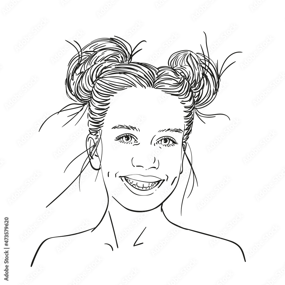 Sketch of beautiful smiling teenage girl with two buns hairstyle and thick eyebrows, Hand drawn ...