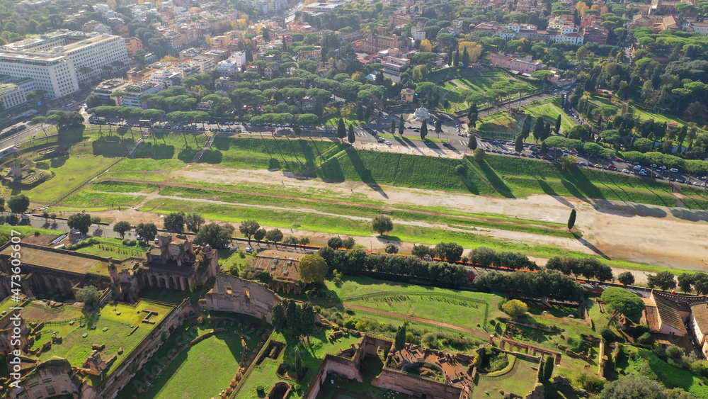 Aerial drone photo of iconic Circus Maximus a green space and remains ...
