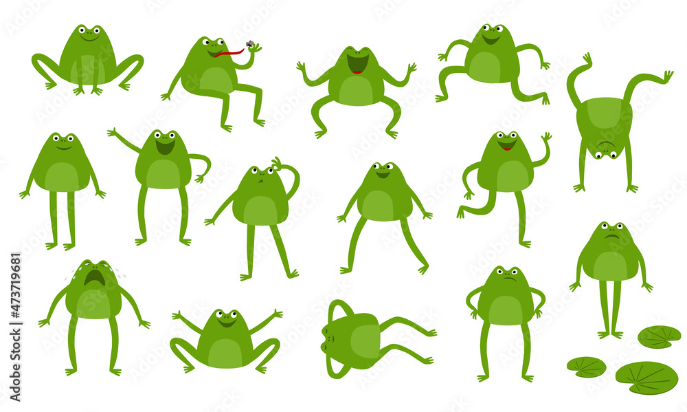 Collection of funny cartoon frog character in different poses isolated ...