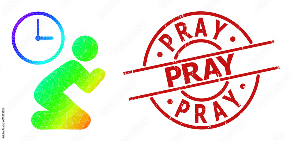 PRAY grunge stamp print, and lowpoly spectrum colored pray time icon ...