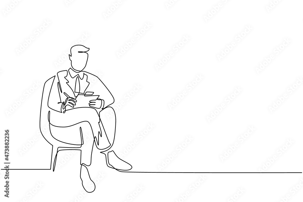 Single one line drawing young businessman with clipboard. Male ...