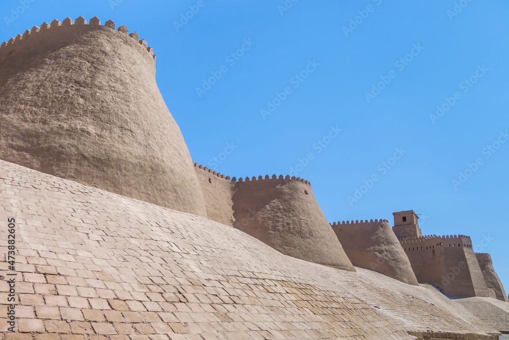 Panorama of the walls and towers of the Ichan-Kala fortress, Khiva ...