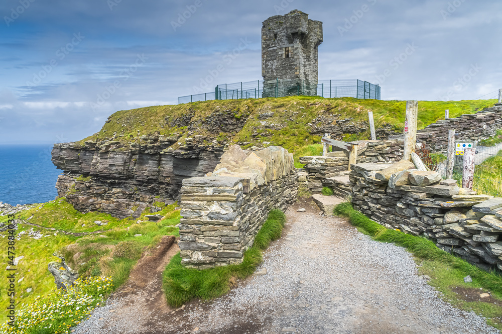 Old Moher Tower on Hags Head, watchtower at the southern end of Cliffs ...