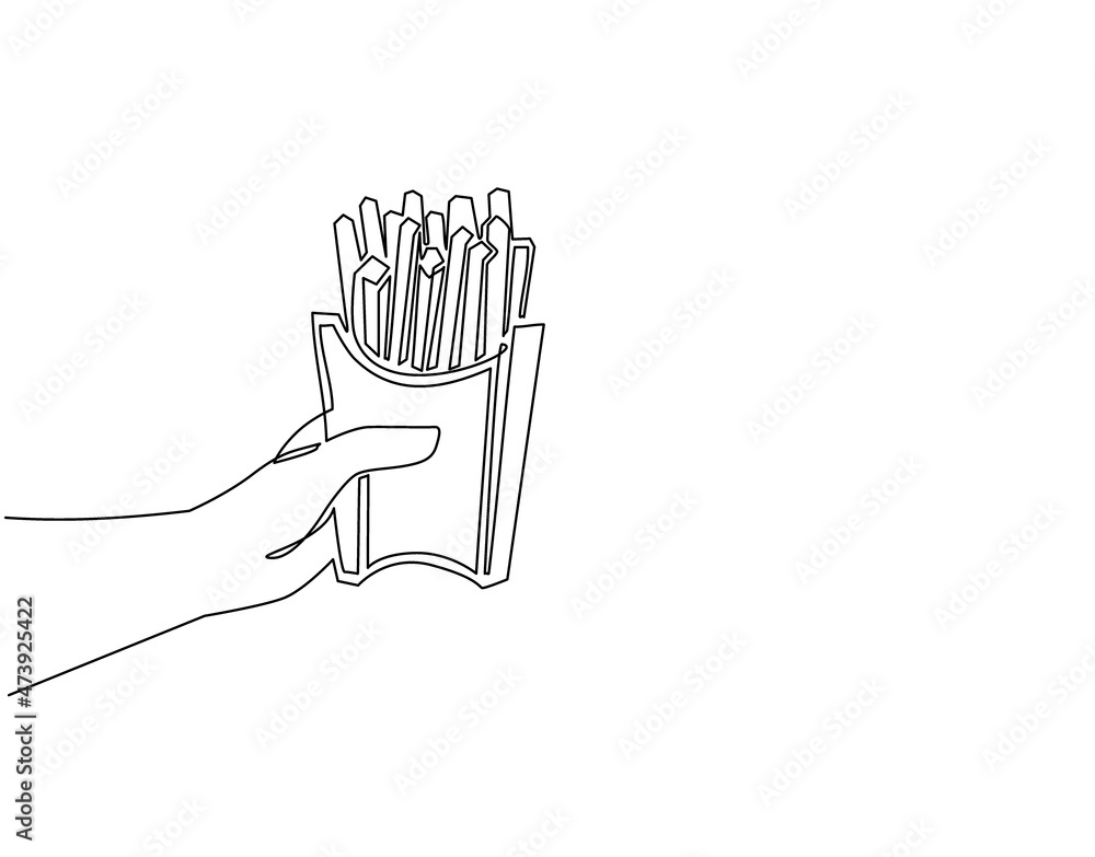 Continuous one line drawing hand holding french fries in paper box ...