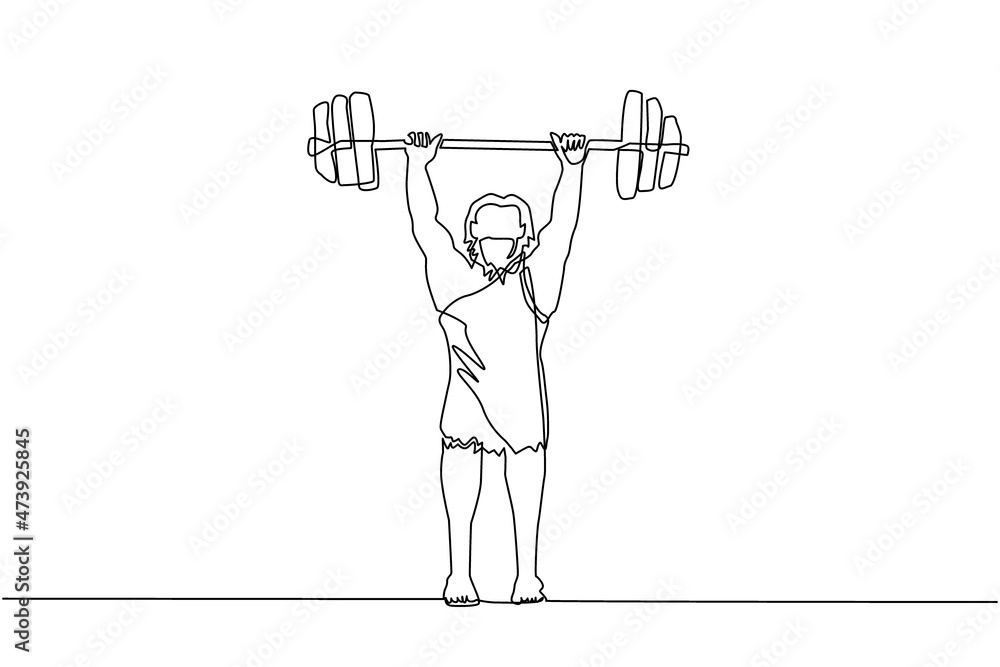 Continuous one line drawing prehistoric man as weightlifter lifting ...