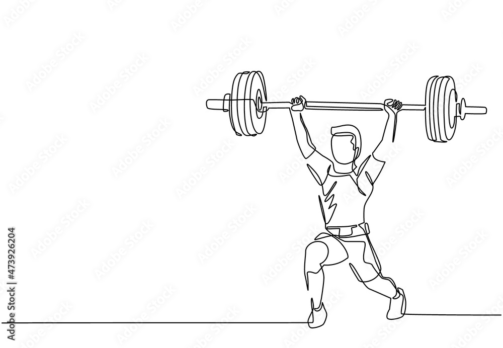 Continuous one line drawing young bodybuilder man doing exercise with a ...