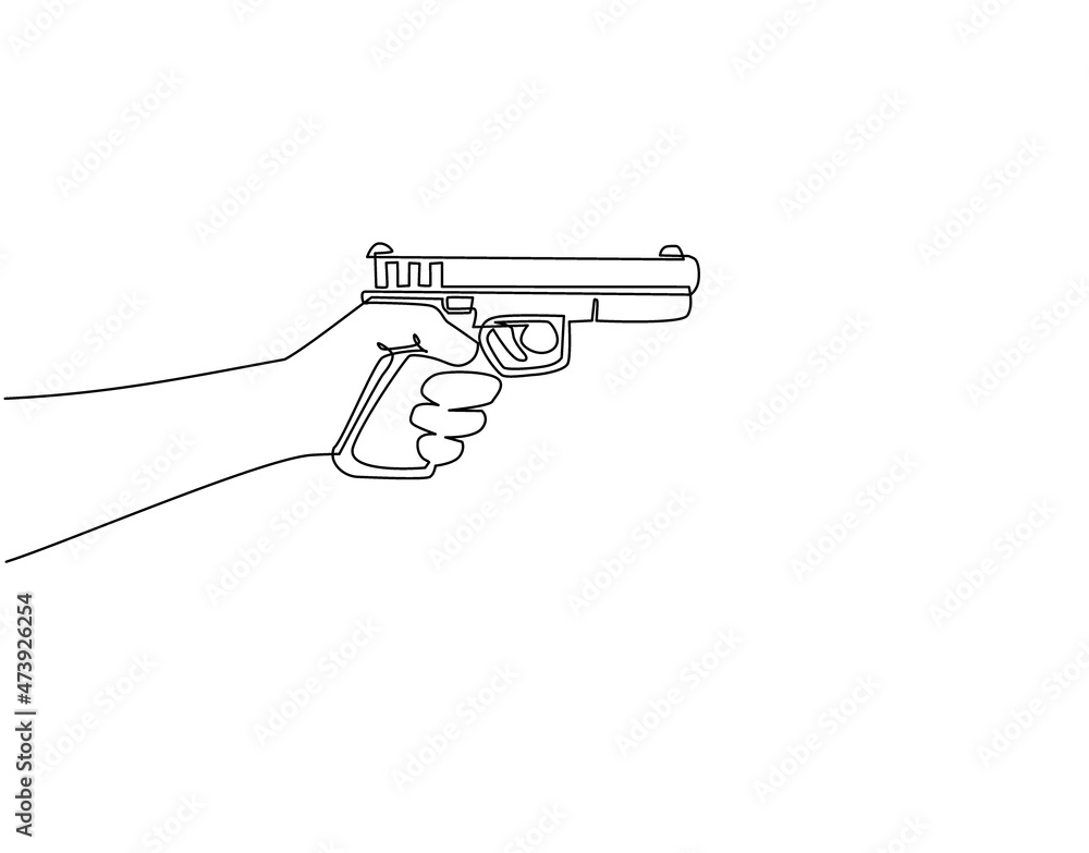 Continuous one line drawing hand holding gun shooting. Powerful pistol ...