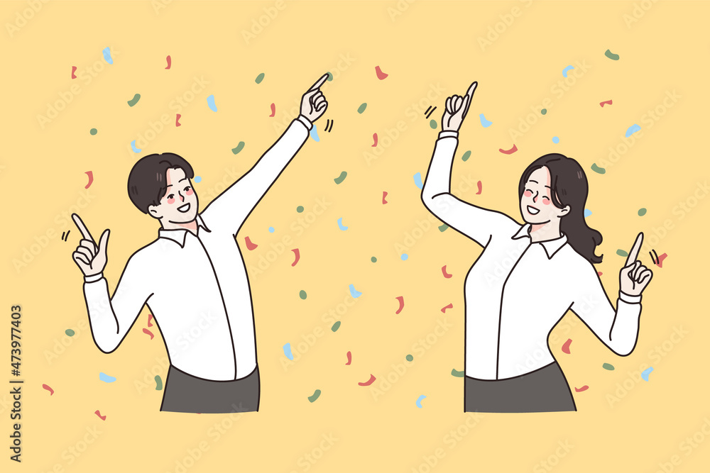 Overjoyed diverse colleagues dance together celebrate shared business ...