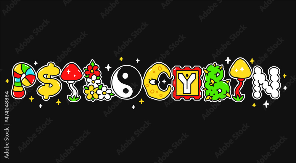 Psilocybin word,trippy psychedelic style letters.Vector hand drawn ...