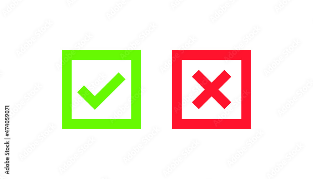 Set of check mark icons in a square. Checkmark and cross in green and ...