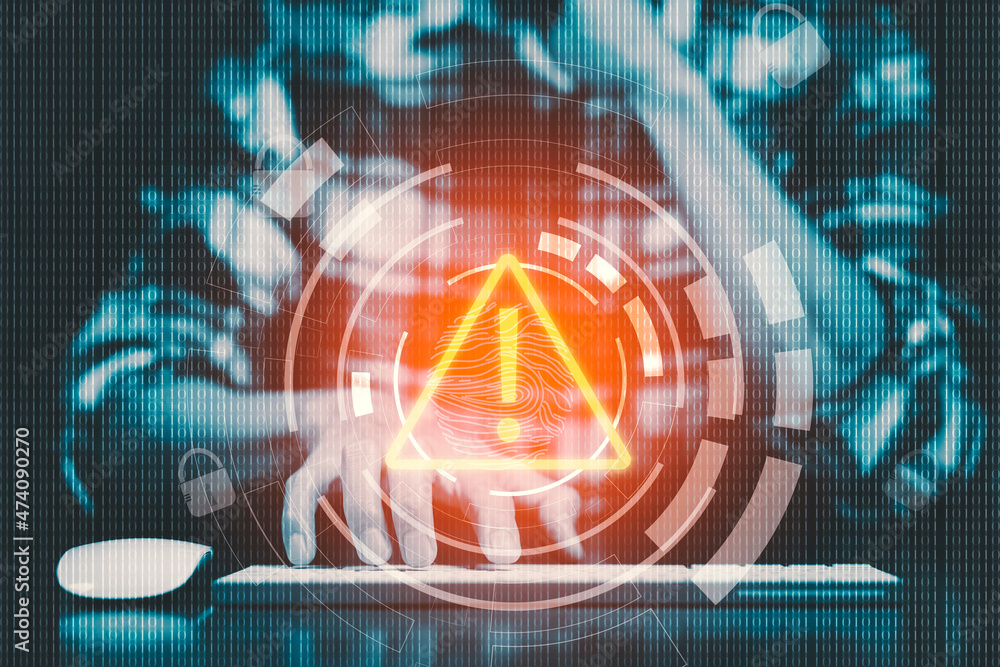 Hand Hacker touch laptop or smartphone and Touching in graph Screen ...