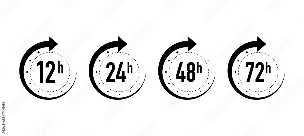 12, 24, 48 and 72 hours clock arrow on white background. Work time ...