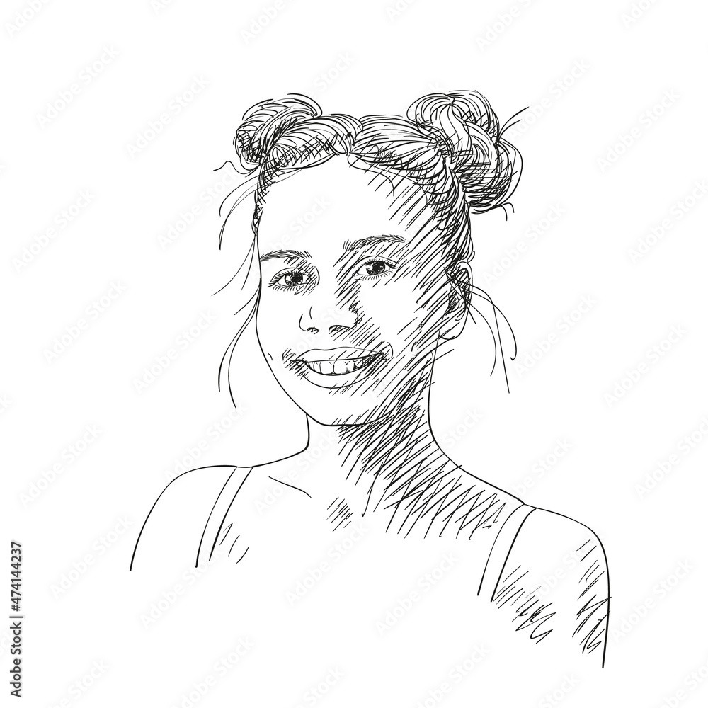 Sketch of beautiful smiling teenage girl with two buns hairstyle and ...