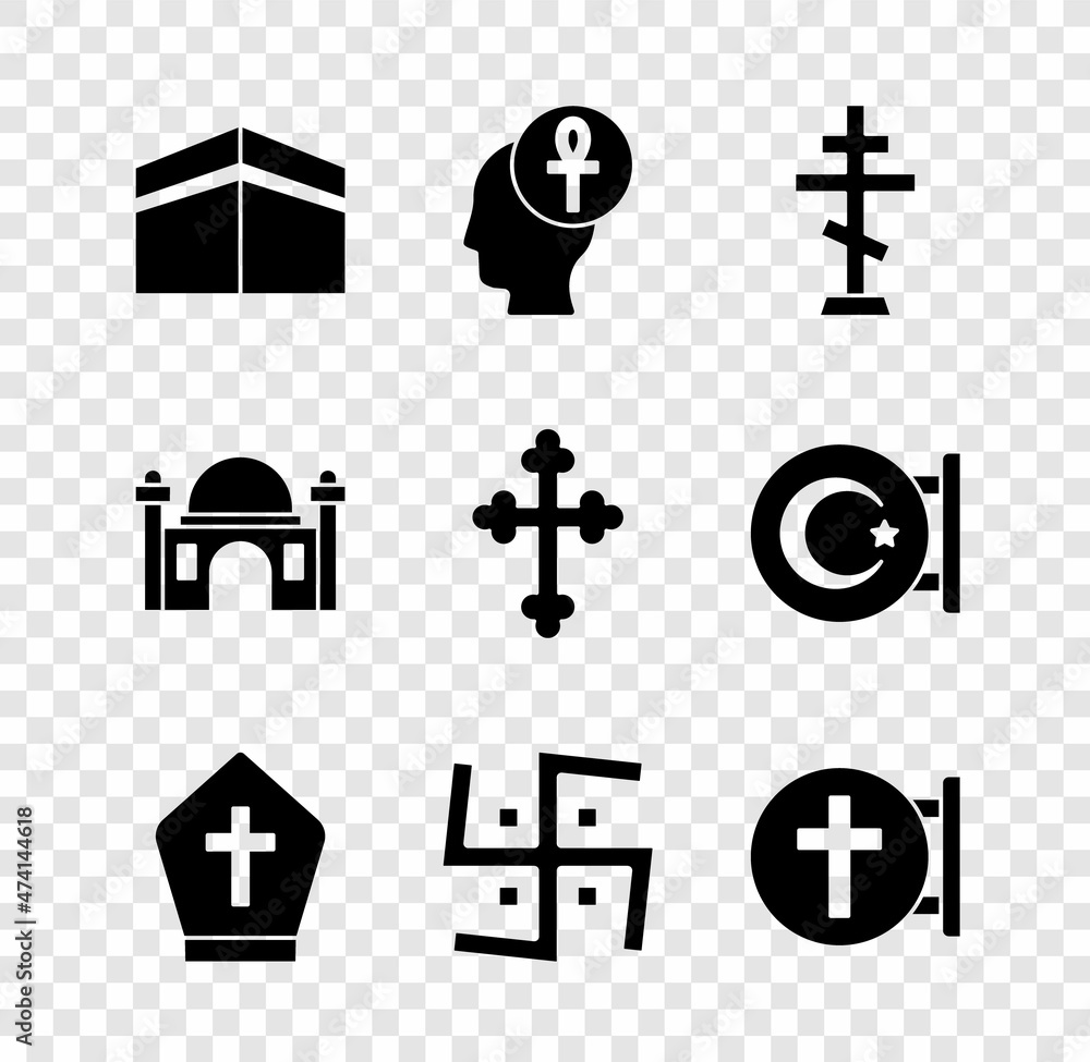Set Kaaba mosque, Cross ankh, Christian cross, Pope hat, Hindu swastika ...