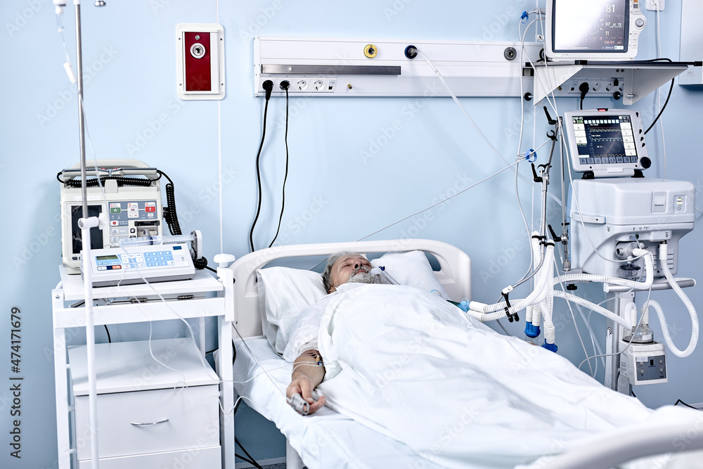 Foto de Stock Sick Ill Senior Patient Rests on Bed, Man Sleeping in ...