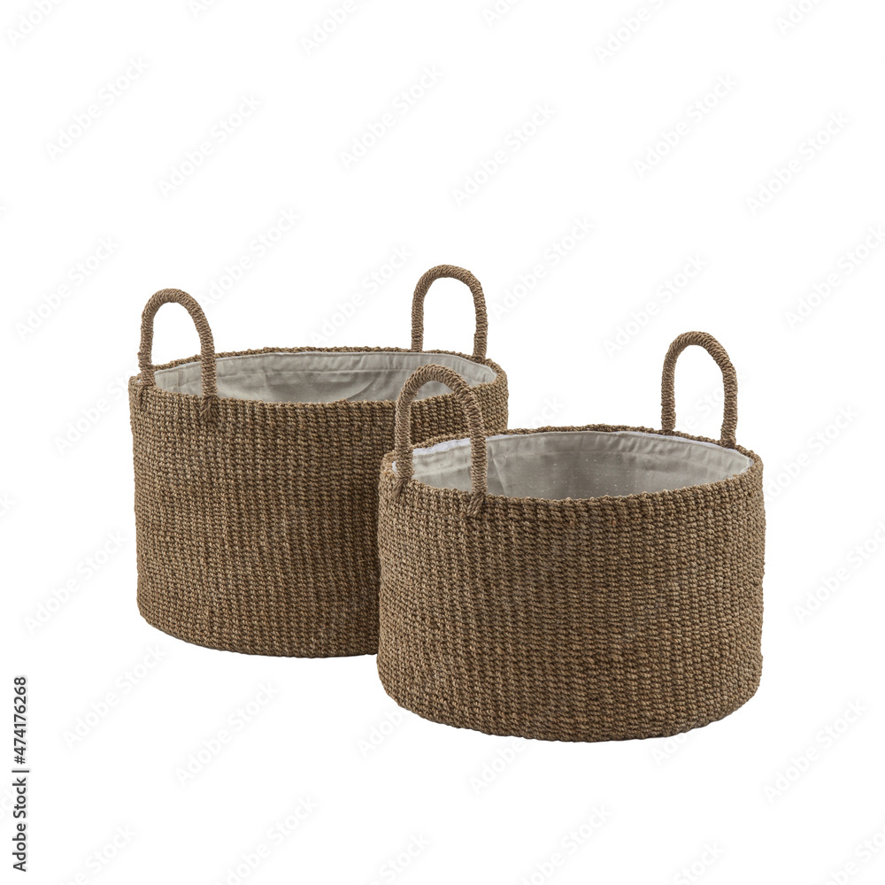 round baskets with handles in natural abaca. isolated white background ...