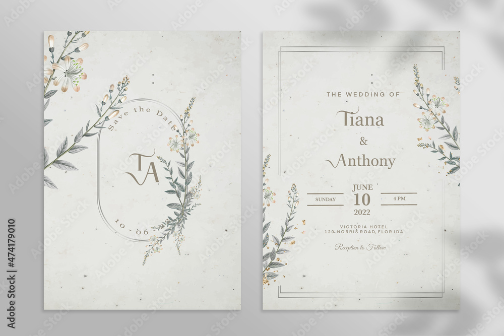 Vintage Wedding Invitation Template with Grey Flower Stock Vector ...