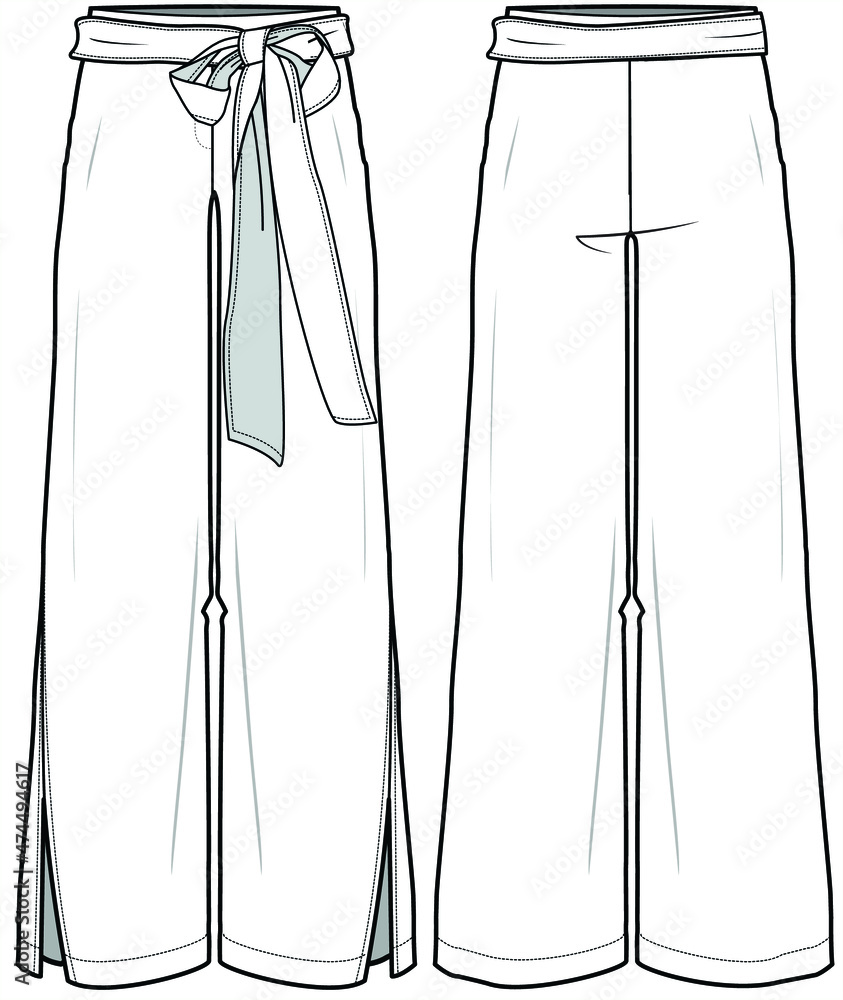 Waist Knot Side Slit Pant Front and Back View. Fashion Illustration ...