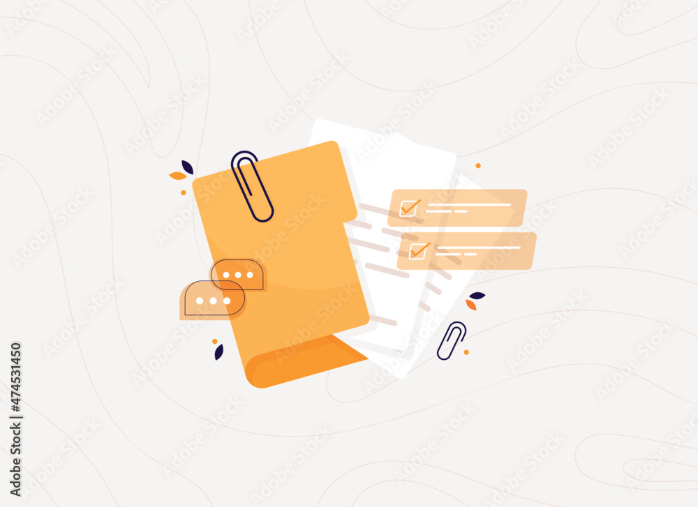 Open folder with documents. Completed task list. Business paper ...