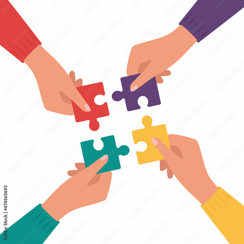 Vector de Stock Four hands putting multicolor puzzle pieces together. Teamwork, cooperation ...