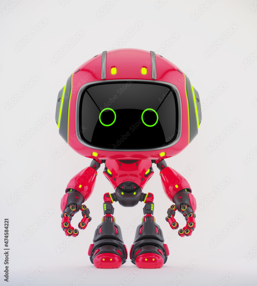 Futuristic red robot toy with black screen face, glowing green eyes ...