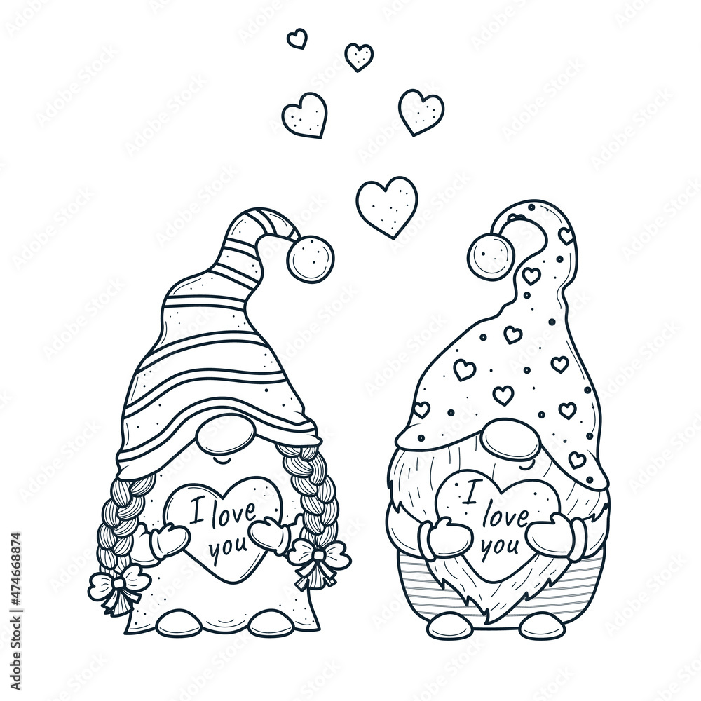 Cute Valentine gnomes gnomes with hearts for coloring book.Line art ...